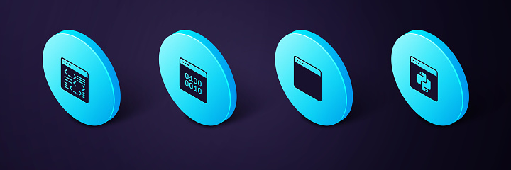 Set Isometric Python Programming Language Browser Window Binary Code And Software Icon Vector