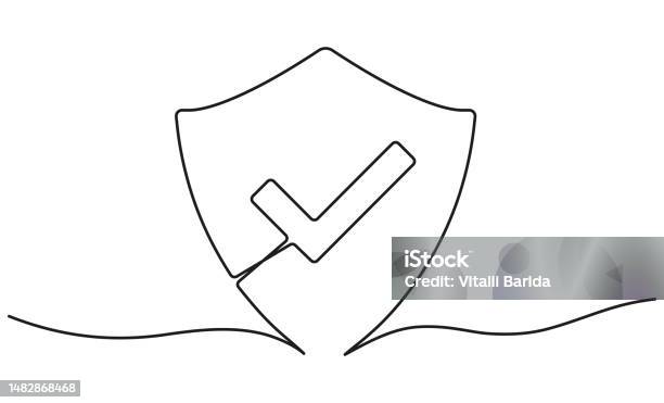 Shield With Checkmark Continuous Line Art Drawn Stock Illustration