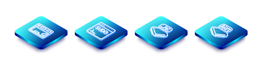 Set Isometric Line Keyboard Code Terminal Processor With Microcircuits Cpu And Icon Vector Stock
