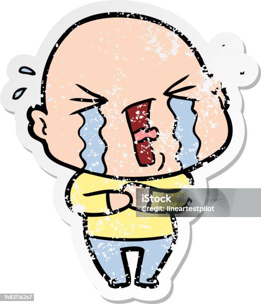 Autocollant En Détresse Dun Homme Chauve En Pleurs De Dessin Animé