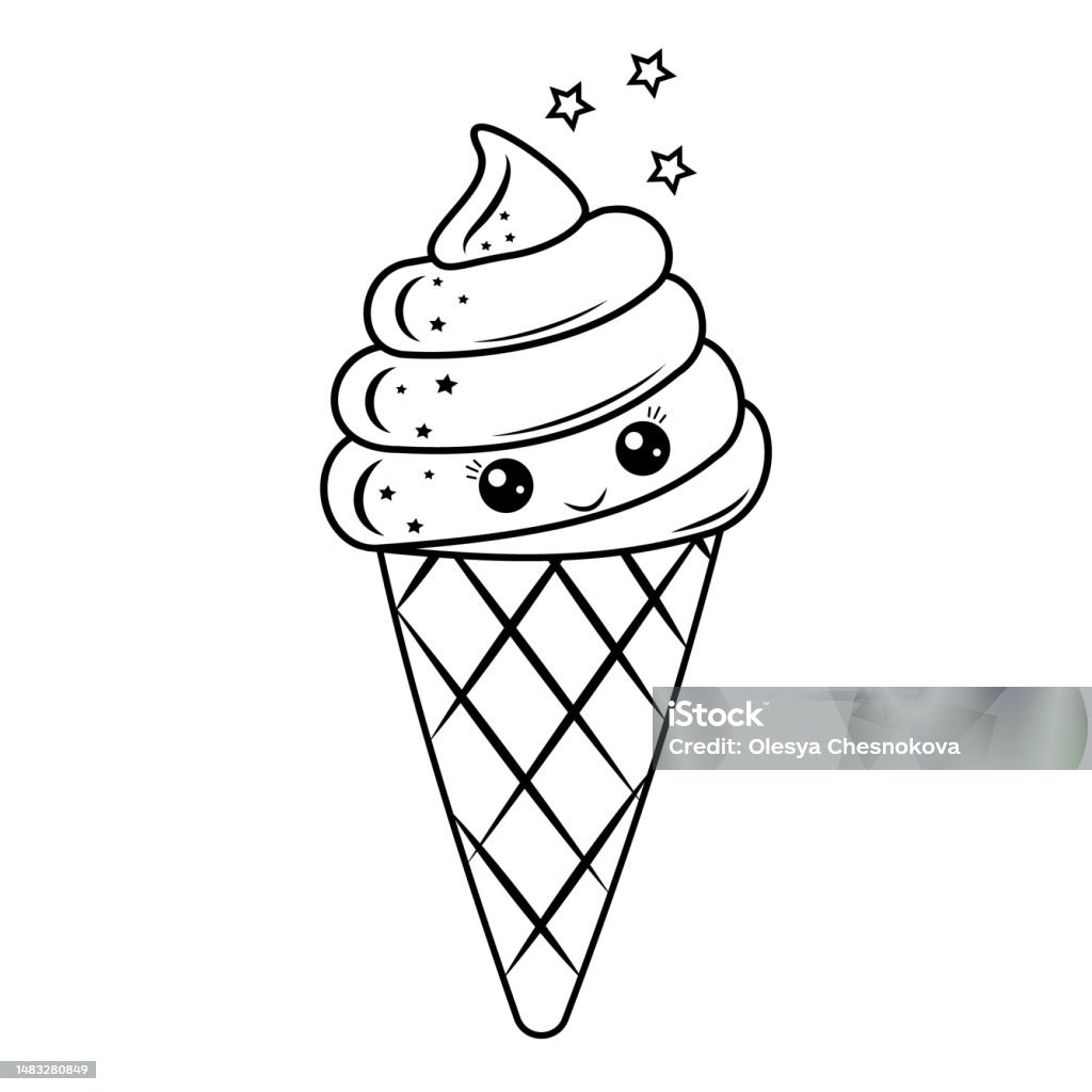 Ilustración De Postre De Helado Kawaii En Una Taza De Gofres Contorno