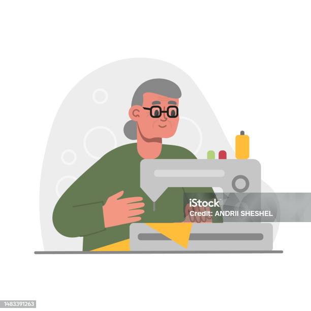 Ilustración De Personaje De Dibujos Animados Femenino Cosiendo Usando