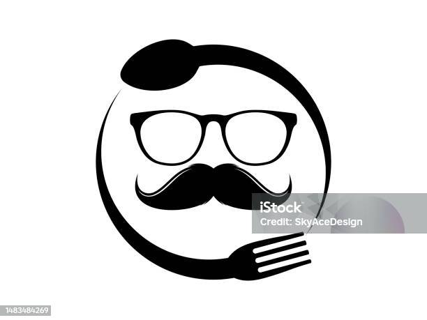 Sendok Bundar Dengan Garpu Dengan Kumis Pria Di Dalamnya Ilustrasi Stok