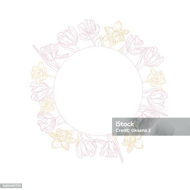Spring Flower Circle Frame Line Art Tulips And Narcissus Flower Wreath ... Spring Flower Circle Frame Line Art Tulips And Narcissus Flower Wreath ...