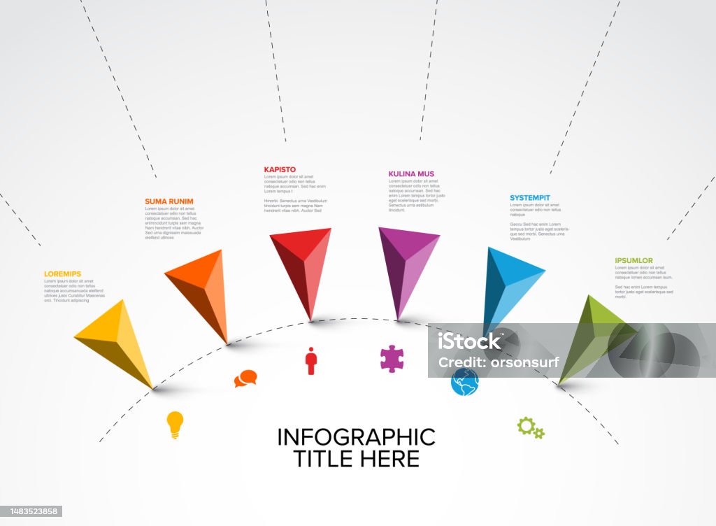 Timeline With Six Triangle Pyramid Arrows Pointers On A Circle Line Template Stock Illustration