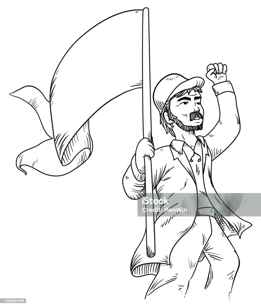Drawing Of Protesting Man With Mustache Trench Coat Cap And Holding A