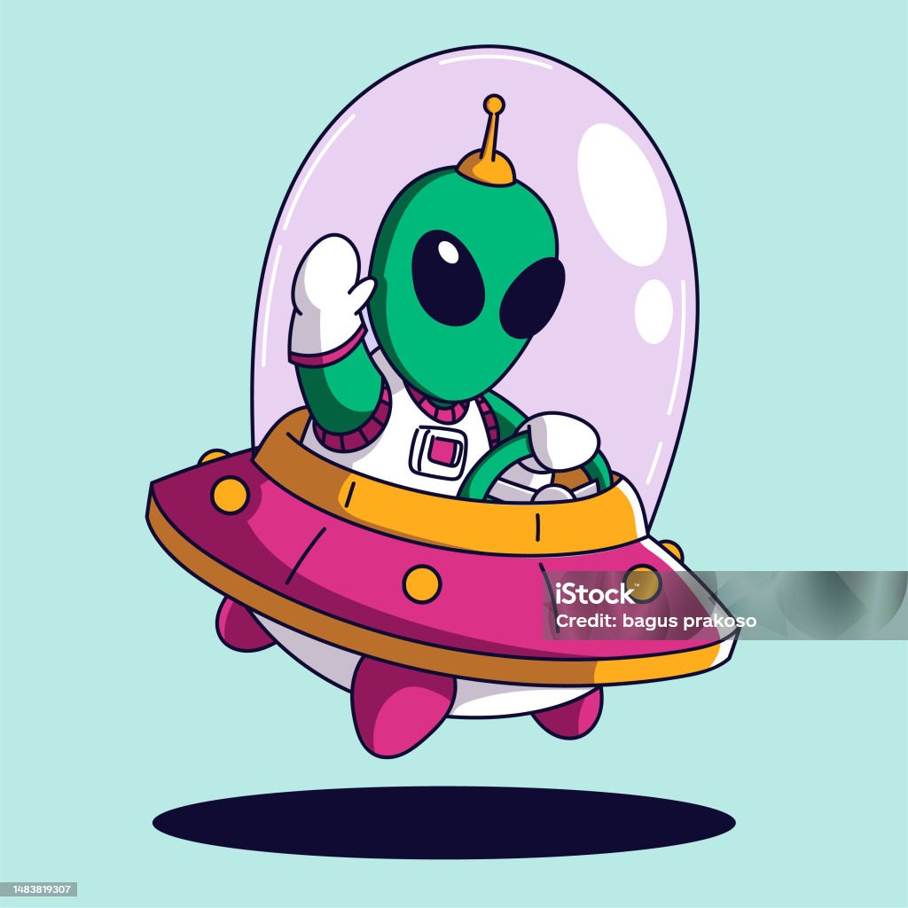Lucu Kartun Alien Terbang Di Pesawat Ruang Angkasa Ufo Ilustrasi Vektor