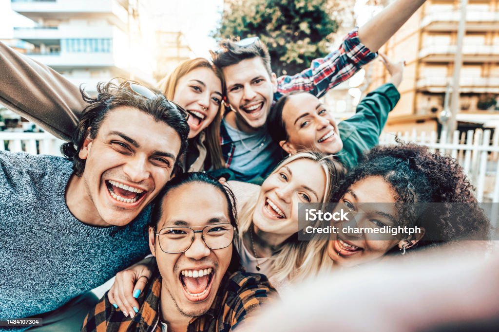 Multicultural Best Friends Having Fun Taking Group Selfie Portrait