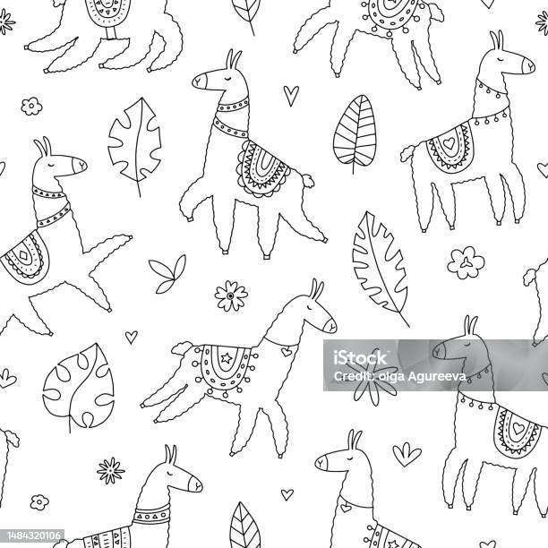 Motif Sans Couture Avec De Jolis Lamas Dans Le Style Griffonnage Belle