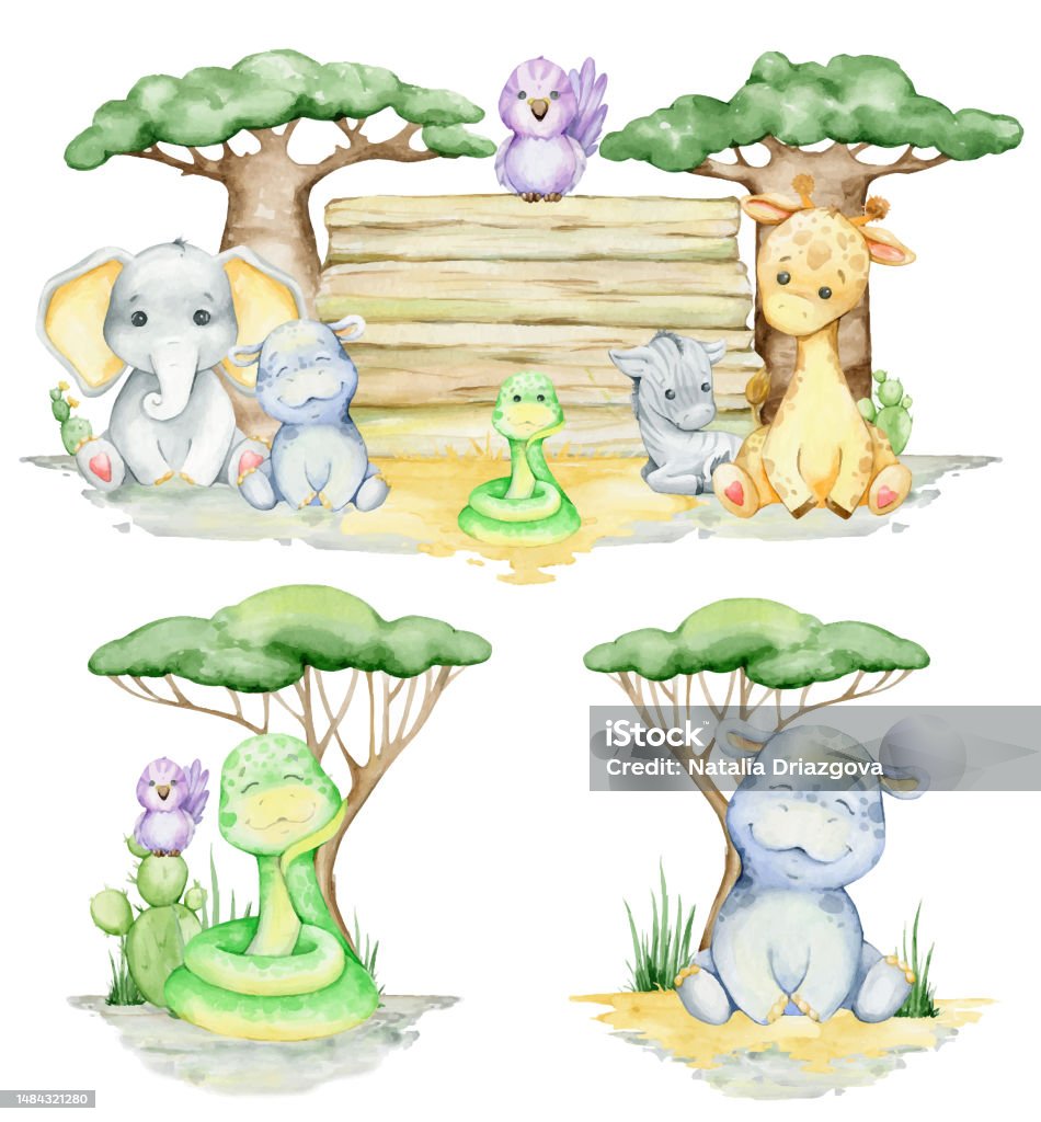 Gajah Kuda Nil Ular Zebra Jerapah Burung Beo Baobab Spanduk Kayu Set ... Gajah Kuda Nil Ular Zebra Jerapah Burung Beo Baobab Spanduk Kayu Set ...