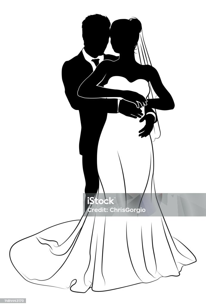 Bride And Groom Couple Wedding Dress Silhouettes Stock Illustration