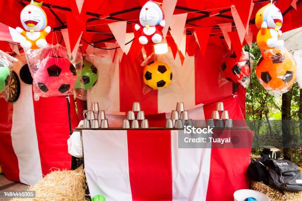 Antique Game Throwing And Shooting Balls To Cans Knockdown Of Local Carnival Funfair Festival