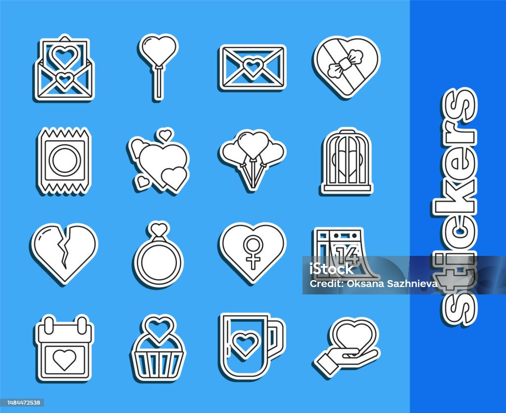 Set Line Heart On Hand Calendar With February 14 In The Bird Cage