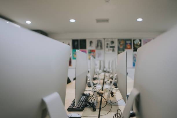 Free Stock Photo of A Row of Computer Monitors on Desk | Download Free ...