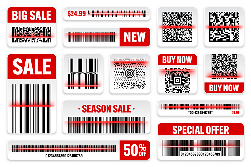 Ilustración De Códigos De Barras De Productos Y Códigos Qr Con Línea Roja De Escaneo Pegatinas