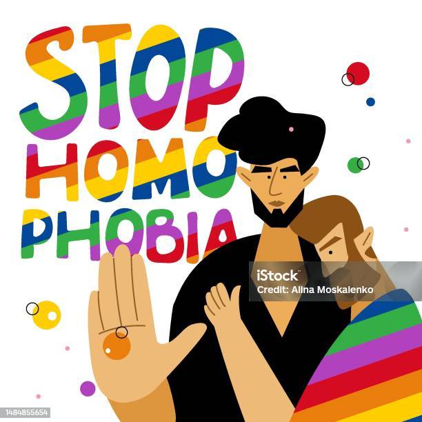 Ilustración De La Pareja Lgbtq Hombre Y Frase Letras Arco Iris Stop Homophobia El Día Del
