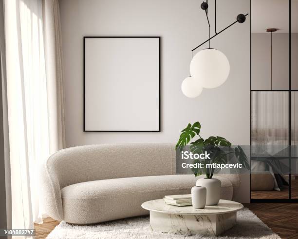 Bingkai Poster Mockup Di Dinding Ruang Tamu Latar Belakang Apartemen