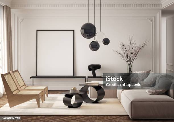 Bingkai Poster Mockup Di Dinding Ruang Tamu Latar Belakang Apartemen