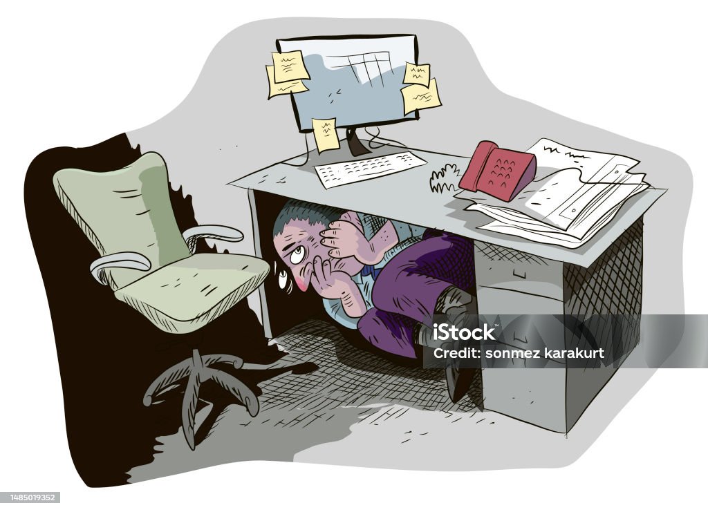 Pria Pekerja Kantor Stres Bersembunyi Di Bawah Meja Kantor Ilustrasi ... Pria Pekerja Kantor Stres Bersembunyi Di Bawah Meja Kantor Ilustrasi ...