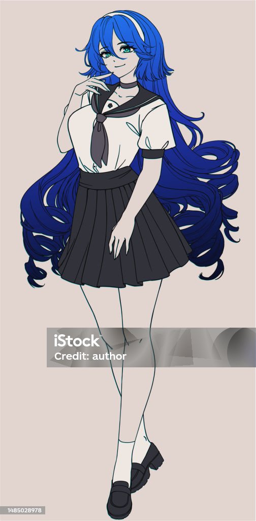 Anime Manga Style Girl With Curly Blue Hair Stock Illustration