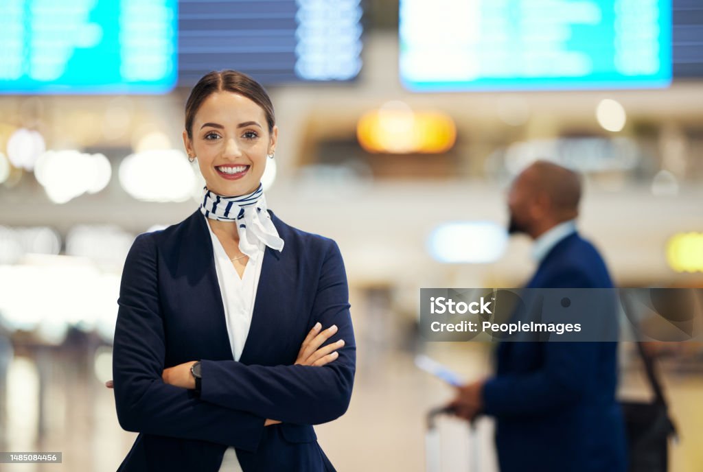 Woman Airport And Service Agent With Arms Crossed Standing Ready With