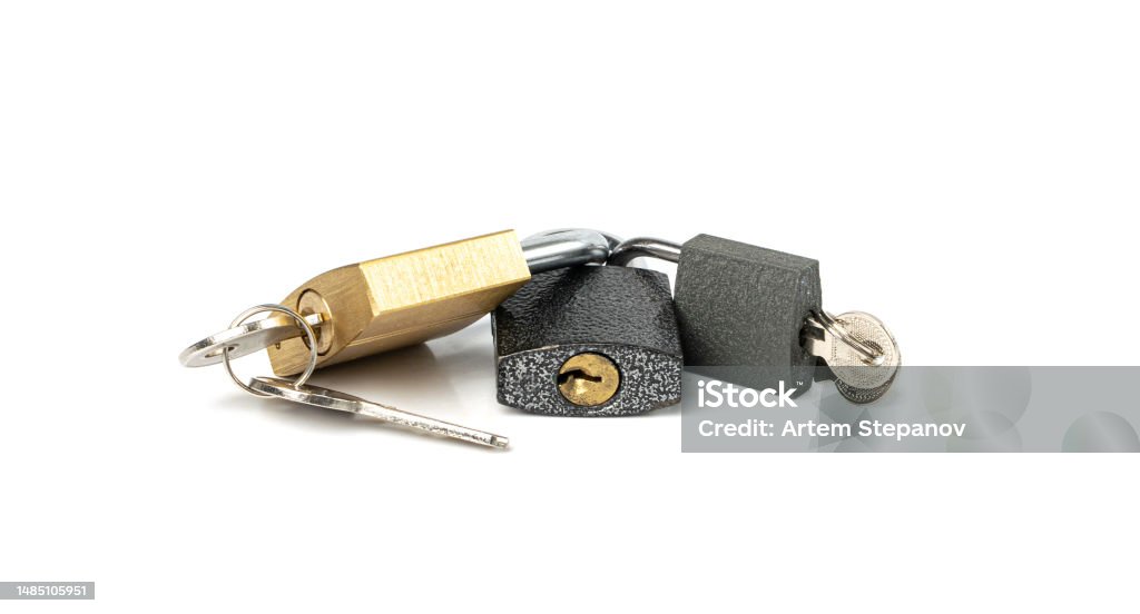 Three Closed Locks Isolated Golden And Black Padlocks Locked Together