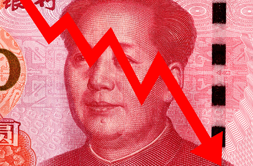 Large Red Arrow Pointing Down On A 100 Yuan Banknote Currency