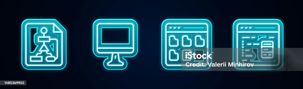 Set Line Flowchart Computer Monitor Screen Browser Files And Software Glowing Neon Icon Vector