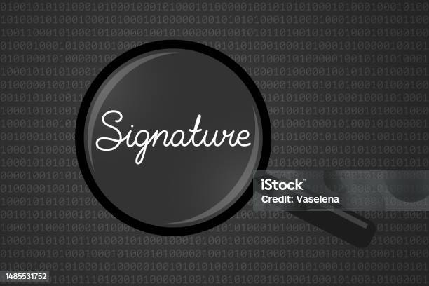 Magnifying Glass And Signature Over Binary Code Digital Signature Stock