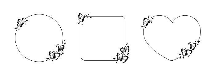 Cute Butterfly Frame Silhouette Set Spring Summer Geometric Border