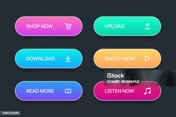 3d Click Here Web Buttons Set Of Action Button Hand Cursor And Arrow