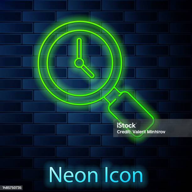 Garis Neon Bercahaya Kaca Pembesar Dengan Ikon Jam Terisolasi Pada
