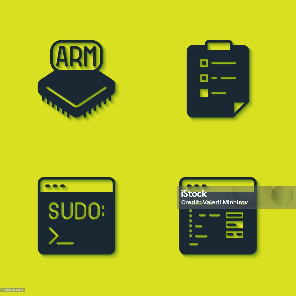 Set Processor Software Code Terminal And Clipboard With Checklist Icon Vector Stock Illustration