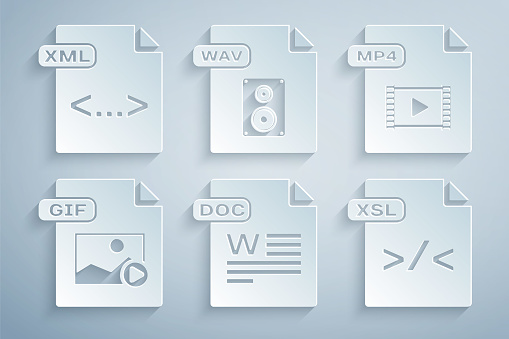 Set Doc File Document Mp4 Xsl Wav And Xml Icon Vector Stock