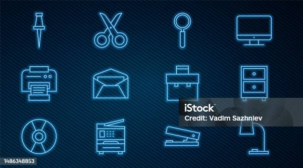Vetores De Definir Linha Candeeiro De Mesa Gaveta Com Documentos Lupa