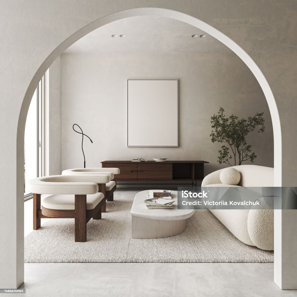 Interior Ruang Tamu Berwarna Putih Dengan Lengkungan Sofa Kursi Dan