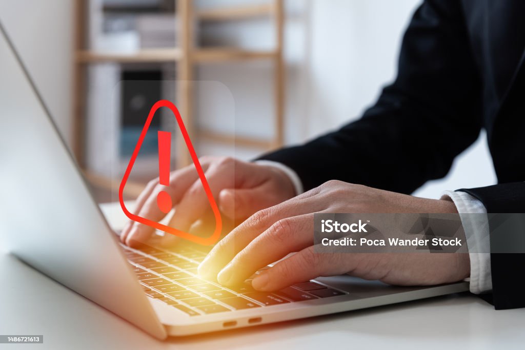 Triangle Caution Warning Sign Concept Businessman Or Programmer Using