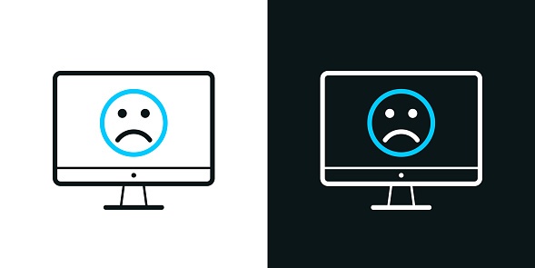Ordinateur De Bureau Avec Emoji Triste Icône De Ligne Bicolore Sur Fond