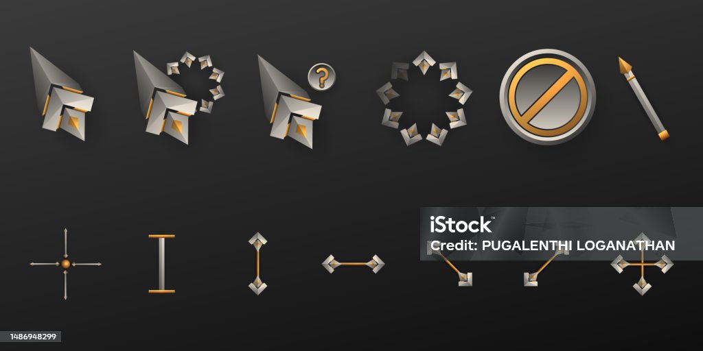 Fantasy Silver And Gold Theme Custom Mouse Cursor Pointer Icons Set For