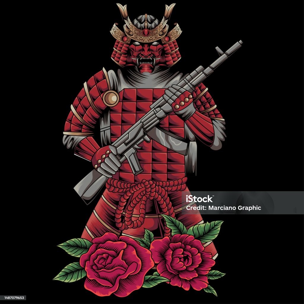 Samurai Memegang Ilustrasi Vektor Senapan Ilustrasi Stok Unduh Gambar