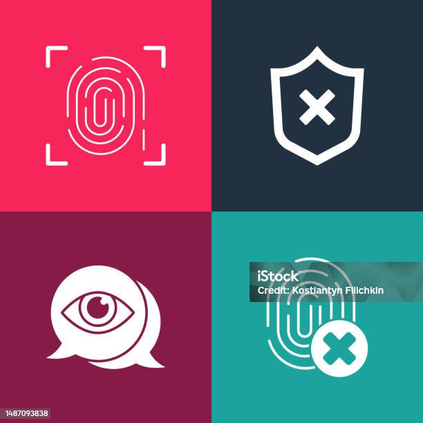 Set Pop Art Cancelled Fingerprint Eye Scan Shield With Cross Mark And Fingerprint Icon Vector