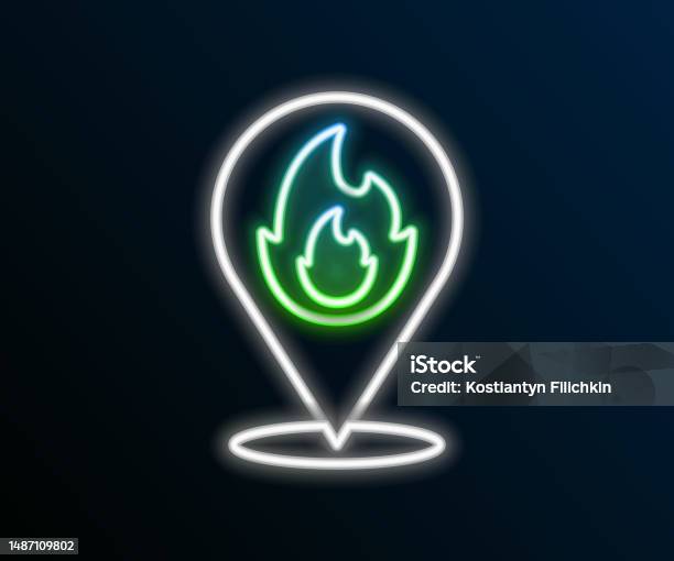 Bercahaya Neon Garis Map Pointer Dengan Ikon Api Api Terisolasi Pada