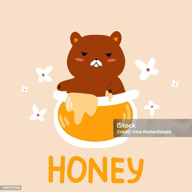 Karakter Beruang Lucu Yang Duduk Di Toples Madu Ilustrasi Vektor Kartun