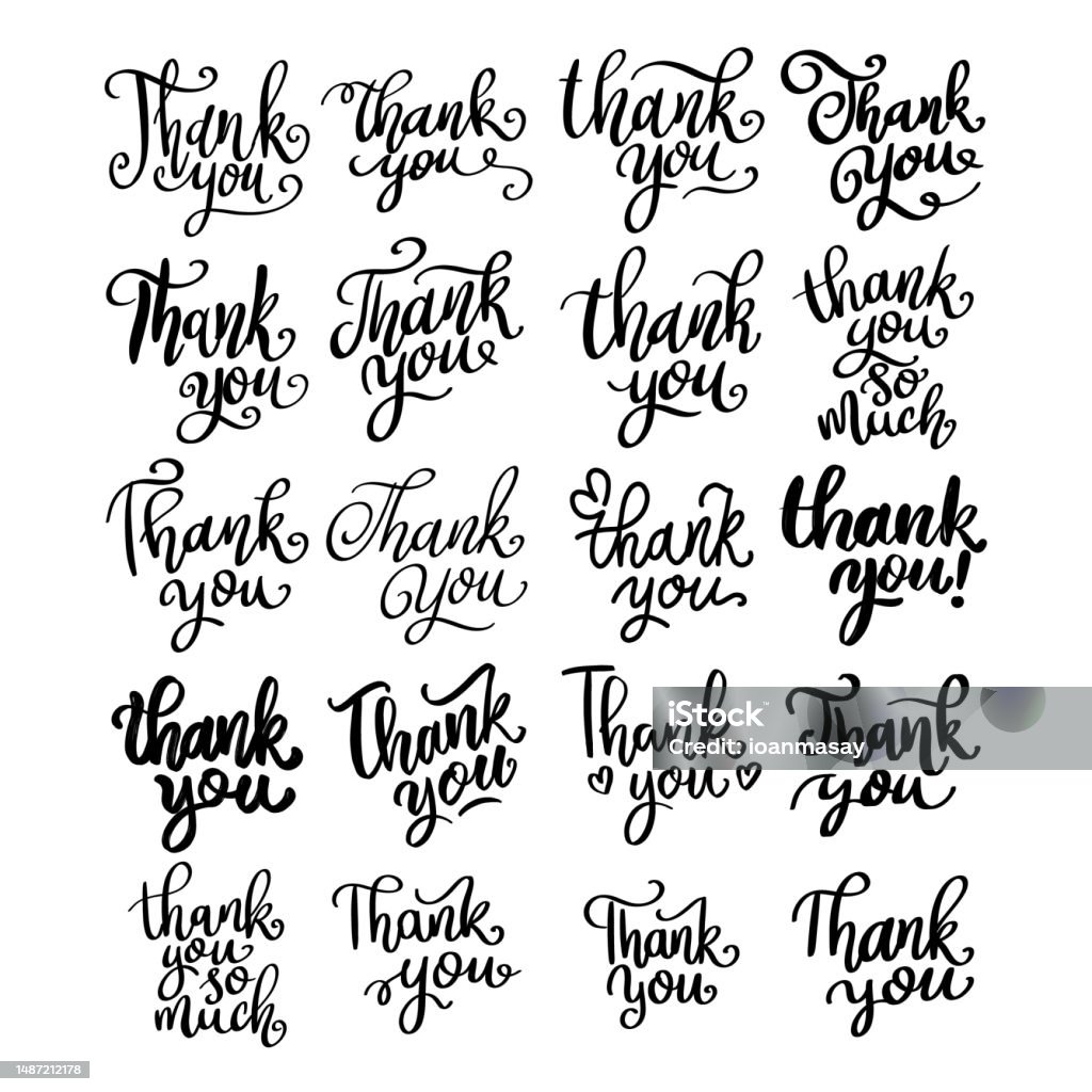 Set Of Black And White Handlettered Phrases Saying Thank You In Various Styles And Designs