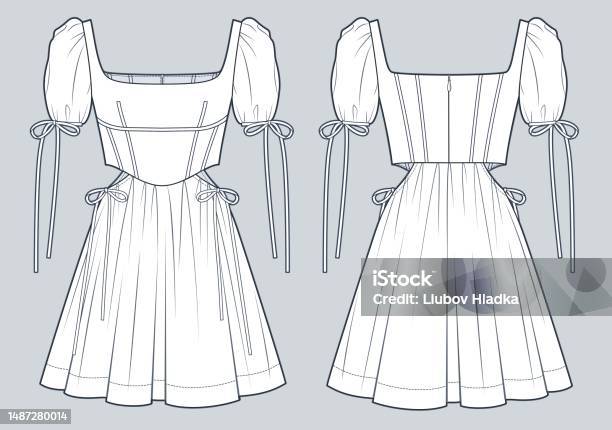 Cutout Mini Dress Witch Corset Technical Fashion Illustration Puffed