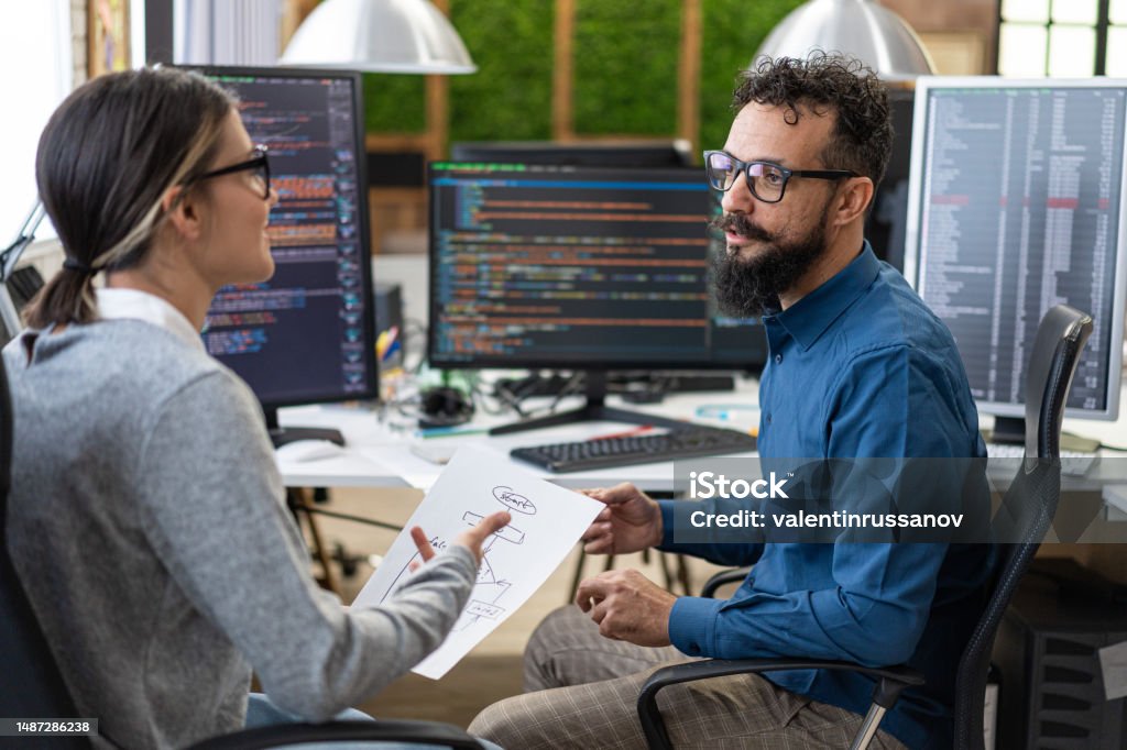 Software Programmers Analyzing Html Code And Database Brainstorming