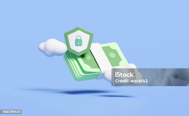 Photo Libre De Droit De Icône De Pile De Billets 3d Avec Bouclier Nuage