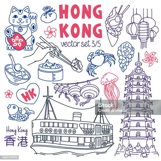 Ilustración De Símbolos Tradicionales De Hong Kong Comida Y Puntos De Referencia Doodle Set Y