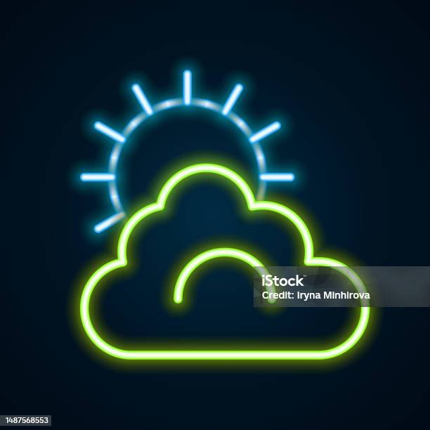 Ligne Rougeoyante De Néon Soleil Et Icône De Temps De Nuage Disolement