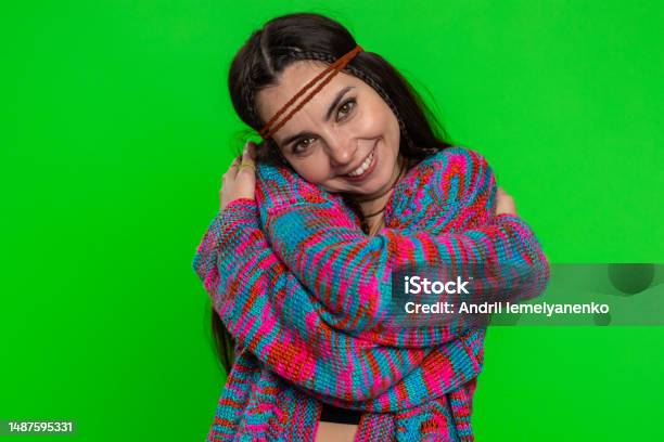 Young Happy Hippie Woman Girl Spread Hands And Give Hug Embrace To You On Chroma Key Background